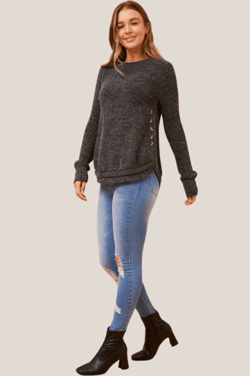 Hillary Button Knit - Charcoal | Symphony’s On Argyle