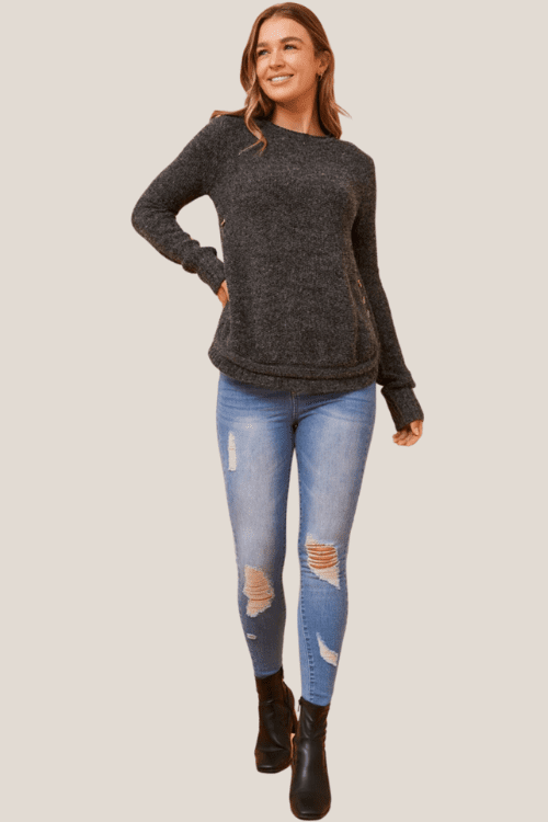 Hillary Button Knit - Charcoal | Symphony’s On Argyle