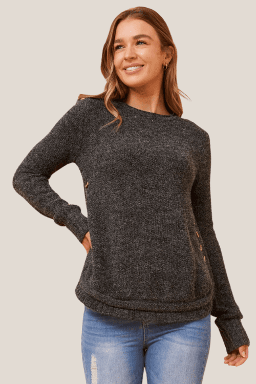 Hillary Button Knit - Charcoal | Symphony’s On Argyle